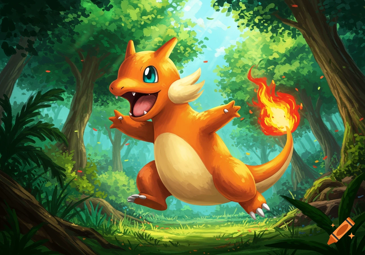 A cartoon Charmander leaps happily in a forest. on Craiyon