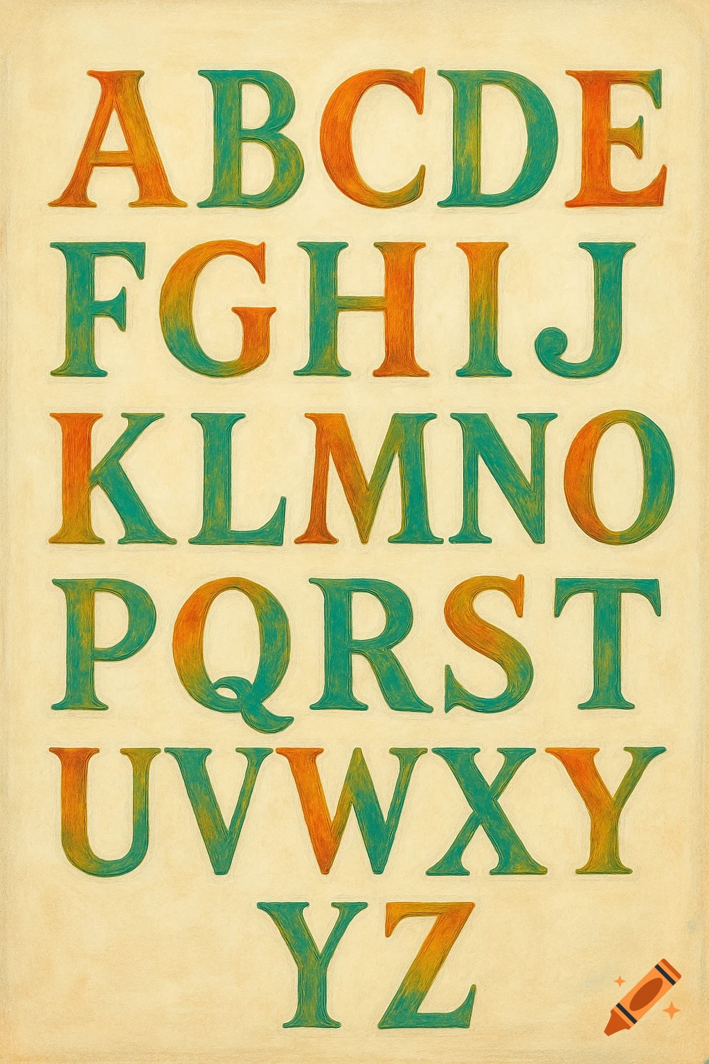 The English alphabet displayed in rows, A to Z, with colorful, textured ...