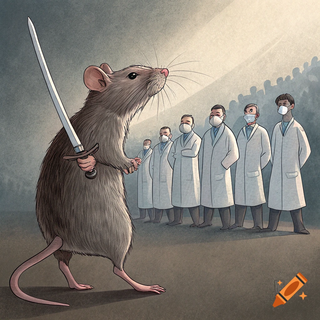 Illustration of a large rat holding a sword in front of scientists in ...