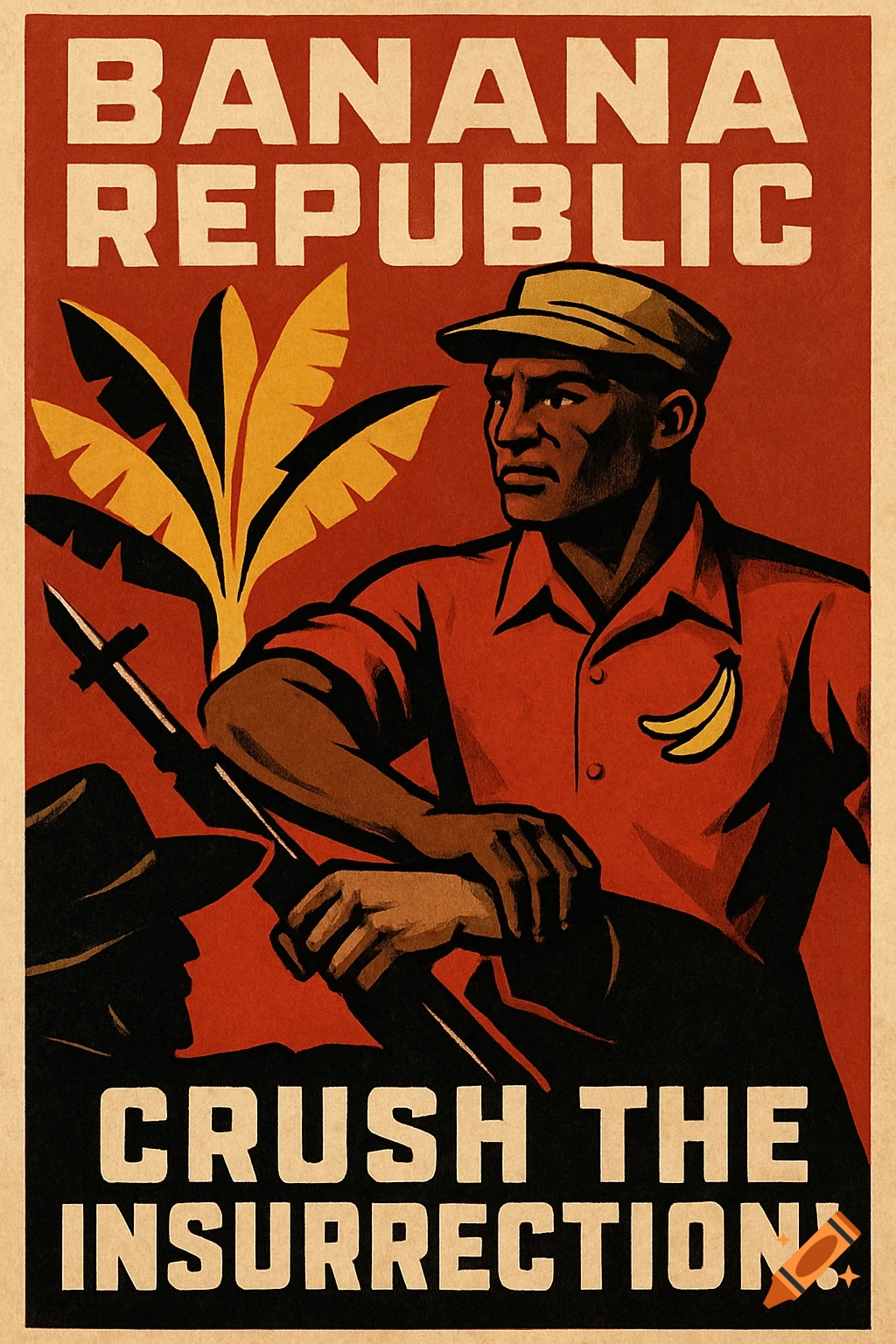 Propaganda poster in Soviet agitprop style. Features two figures, one ...