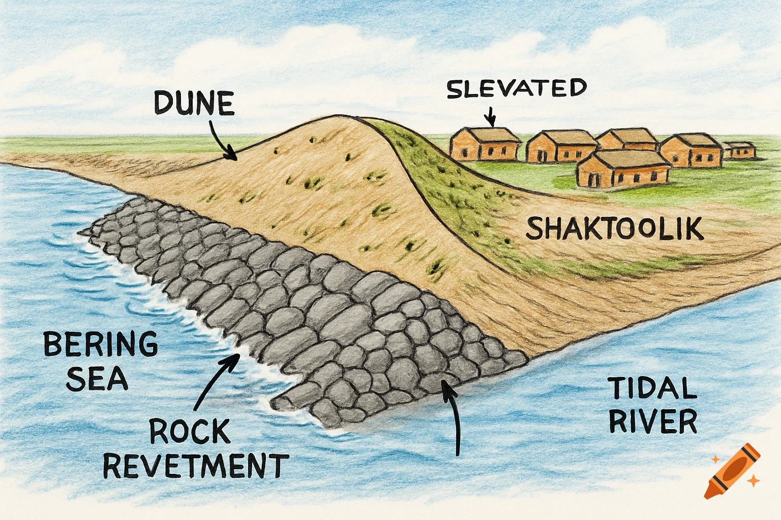 Illustration of a coastal area showing a dune, rock revetment, Bering ...