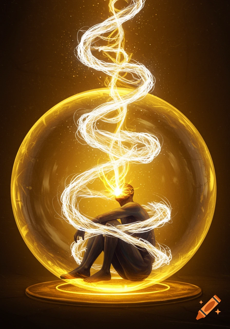 A figure sits within a golden sphere, white and gold energy swirls from ...