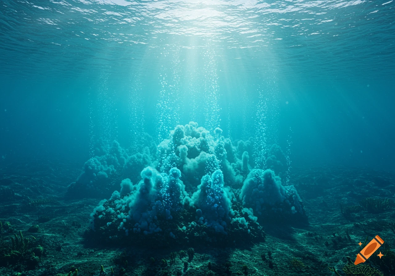 Underwater view of methane seeps on the ocean floor with sunbeams and ...