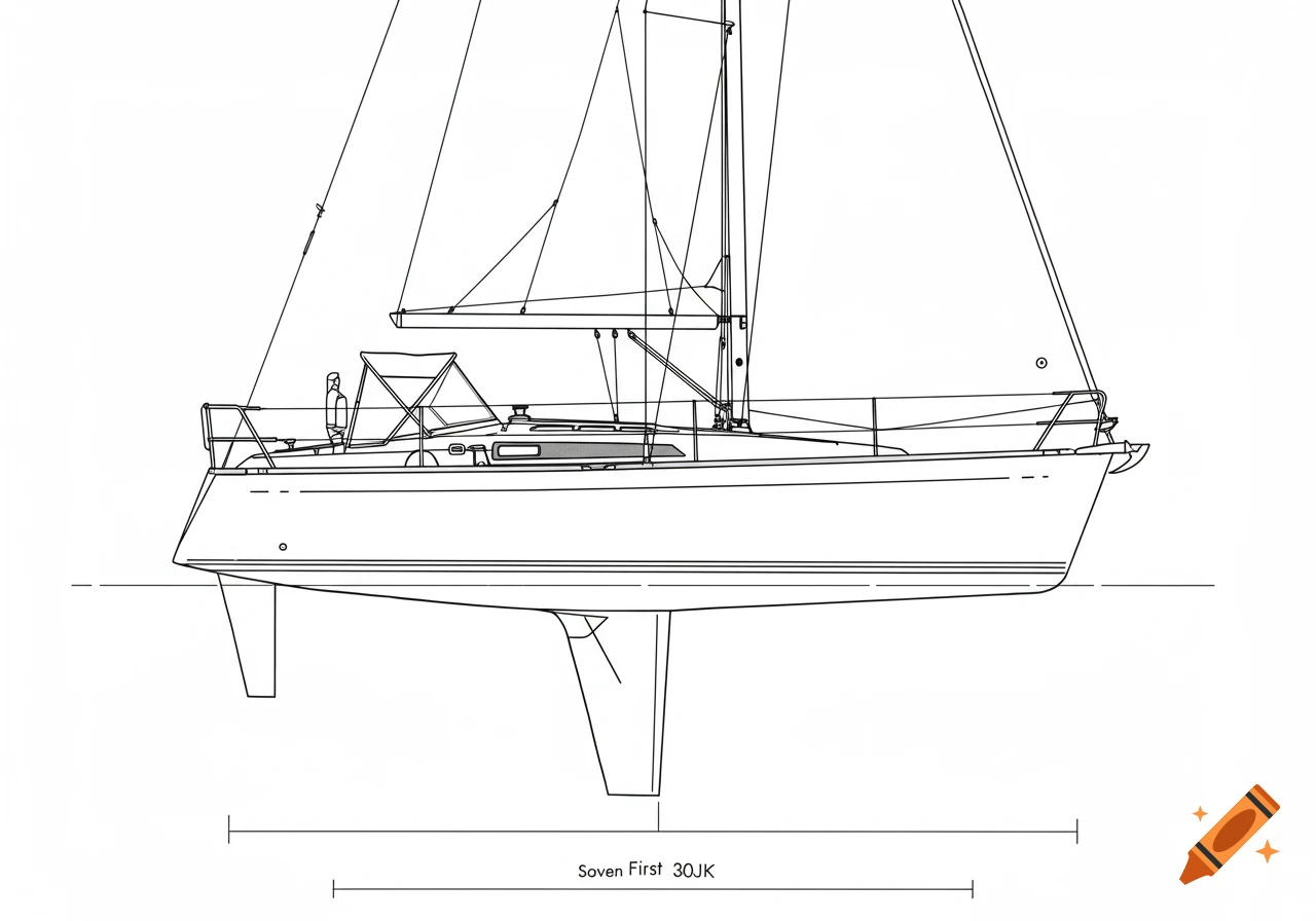 Line art sketch of a sailboat with mast and sails on Craiyon