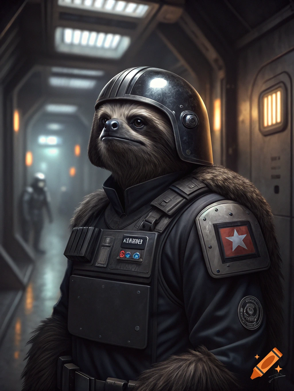A sloth dressed as an imperial officer stands in a sci-fi corridor. on ...