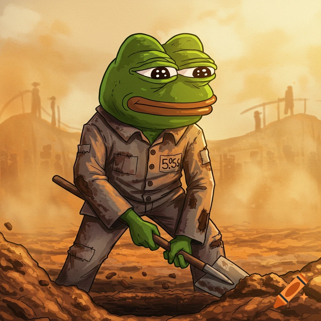 Cartoon Pepe the Frog digging a hole in a desert landscape. on Craiyon