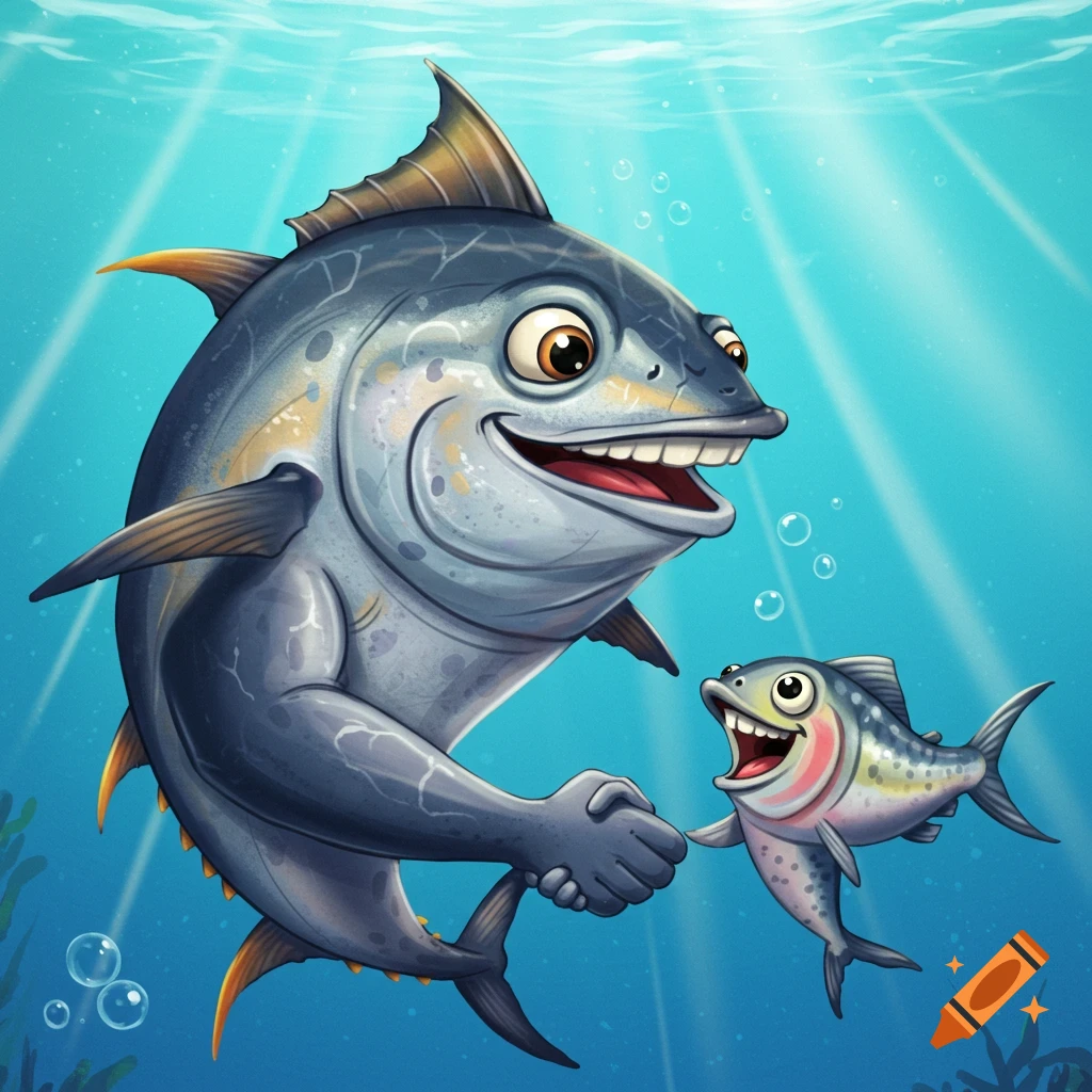 Cartoon illustration of a large fish and a small fish shaking hands ...