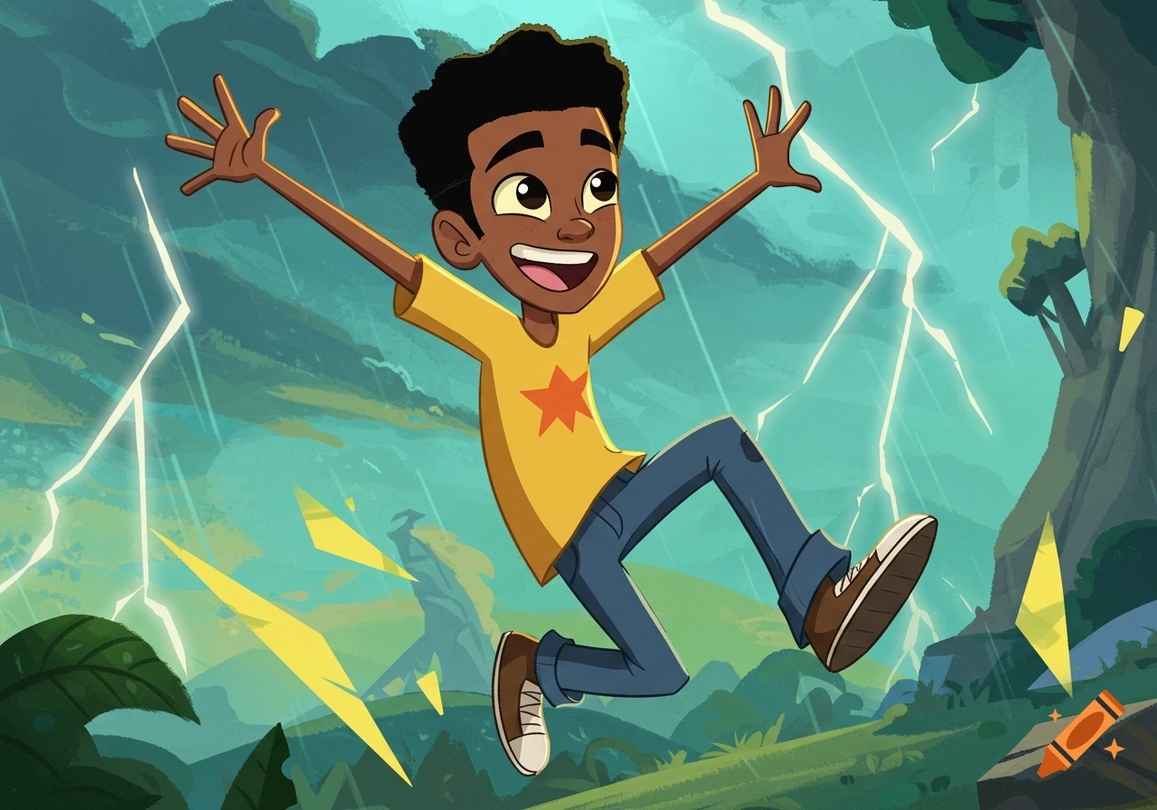 A cartoon boy jumps with arms outstretched during a storm with rain and ...
