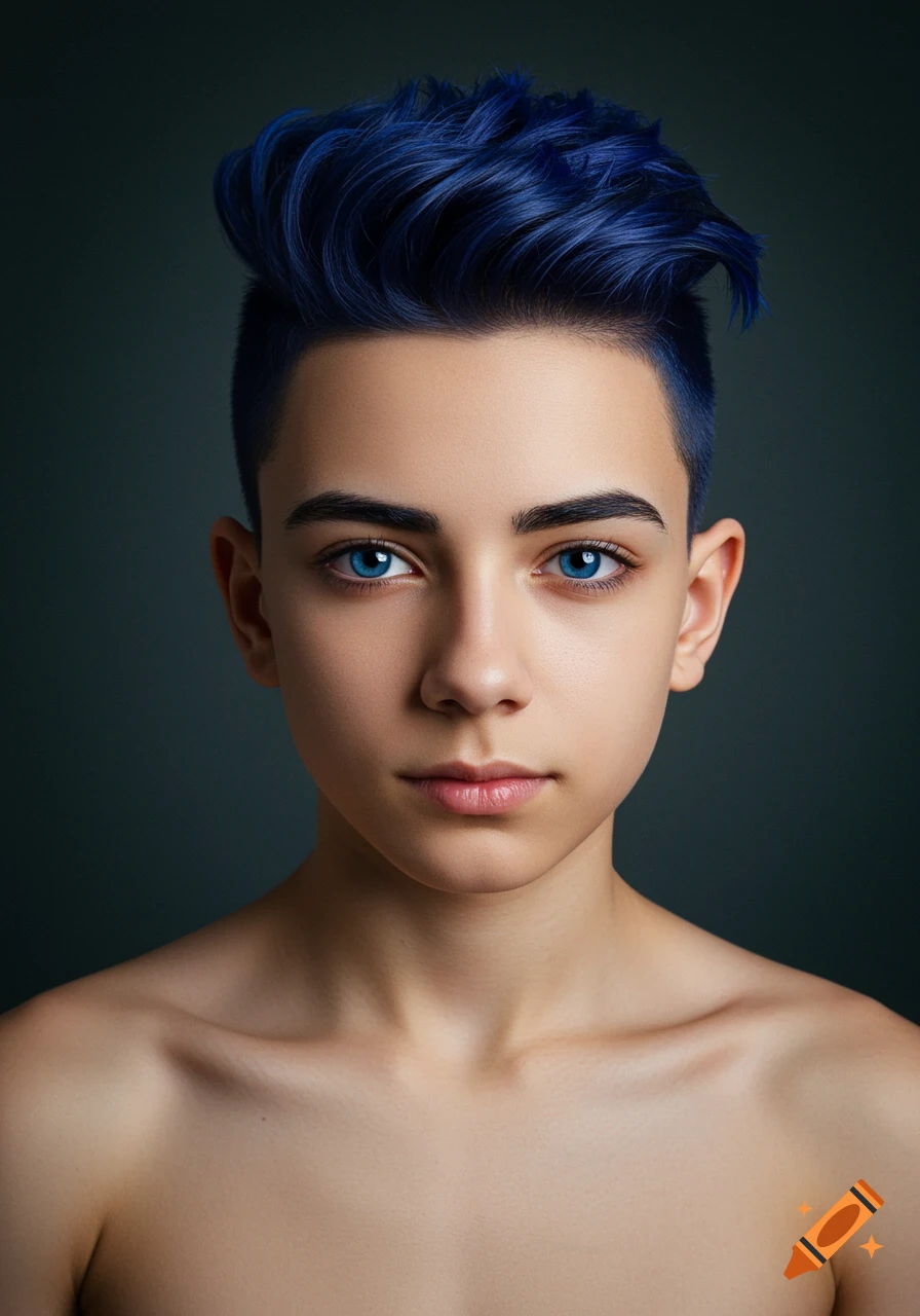 Portrait of a boy with bright blue hair and eyes. on Craiyon