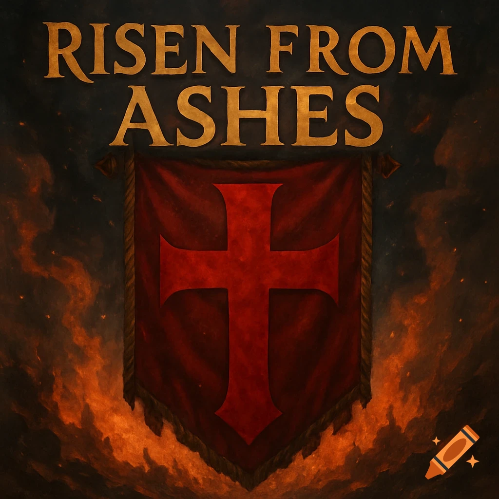 A banner with a red cross hangs over fire and smoke, text reads "RISEN FROM ASHES". Dark fantasy ...