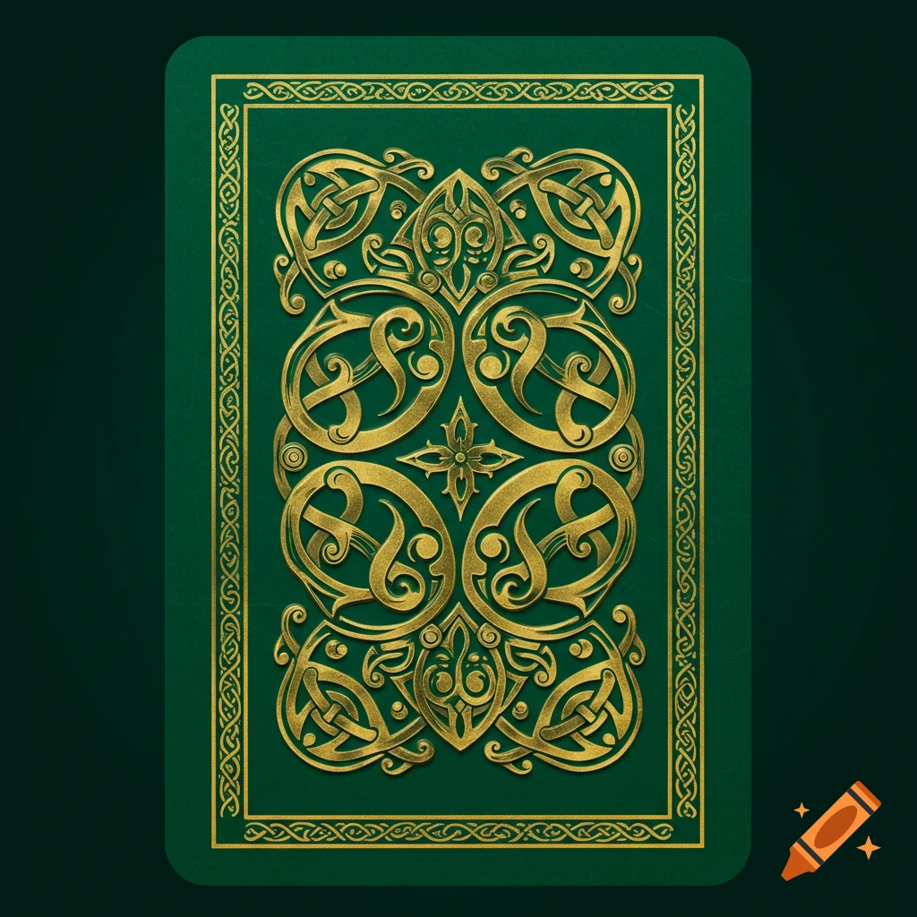 Emerald green playing card back with intricate gold Celtic knot design ...