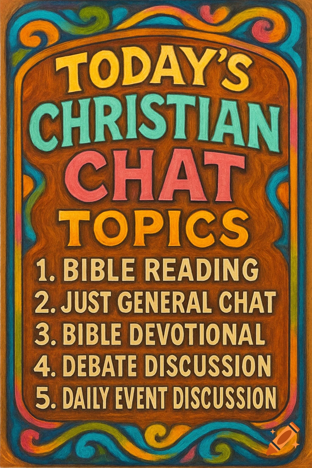 Colorful poster with Christian chat topics in a stylized drawing style ...