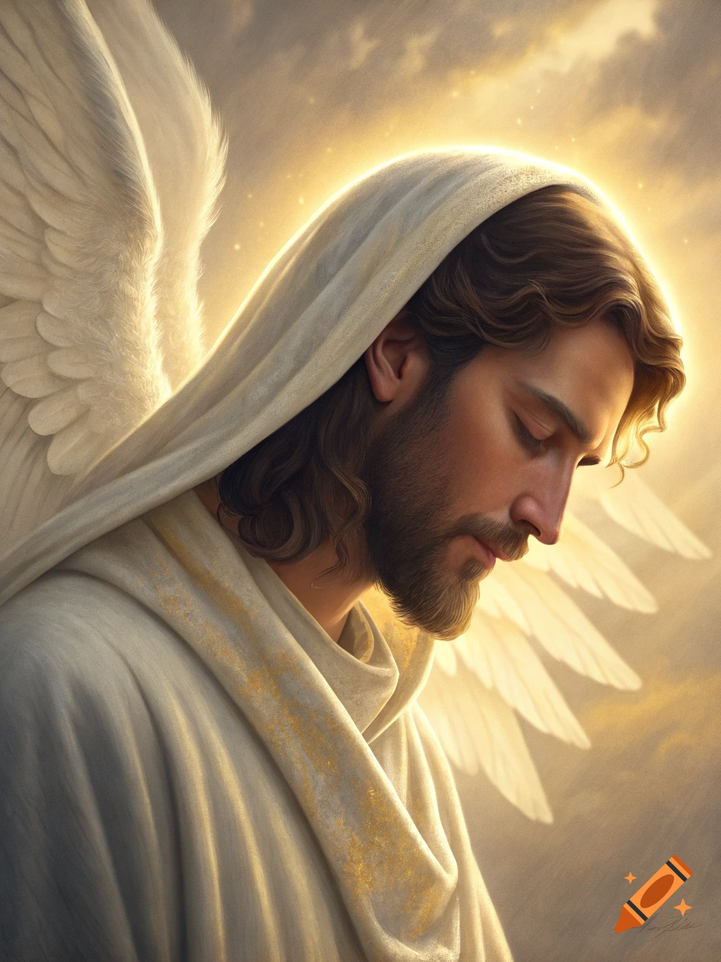 Ethereal painting of a figure resembling Jesus with wings and glowing ...