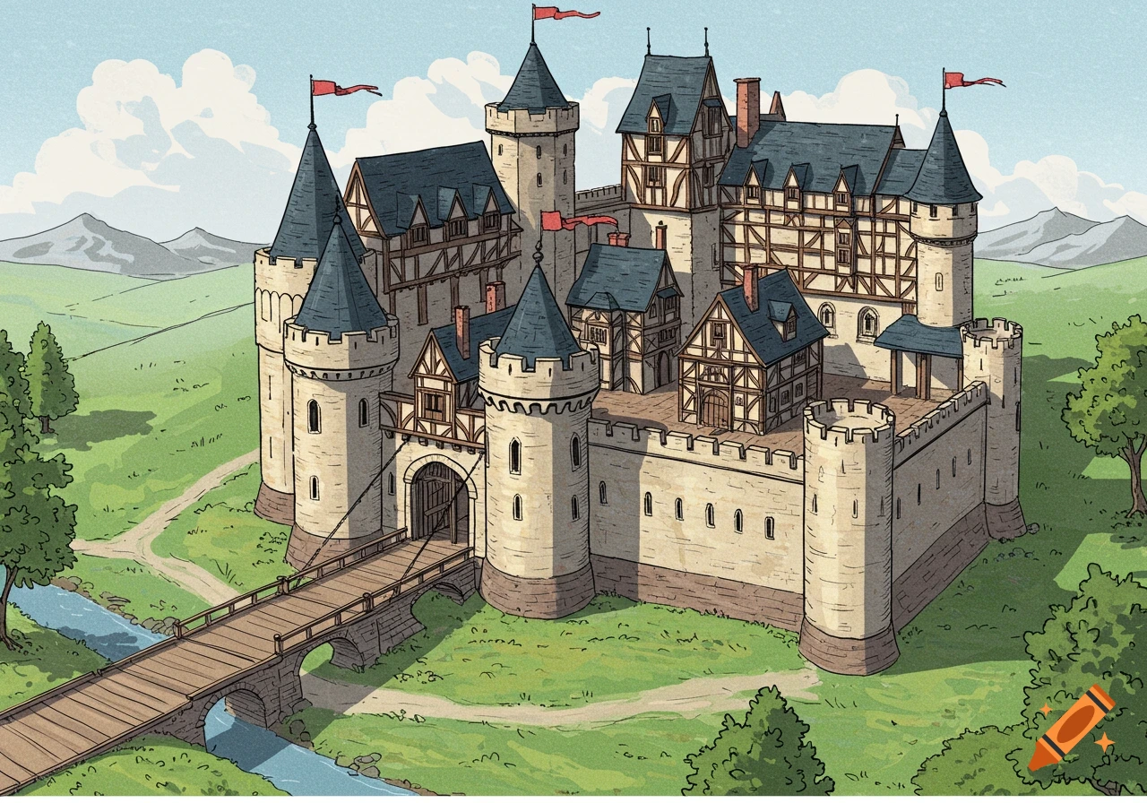 Illustrated medieval castle with towers, moat, and drawbridge in a ...