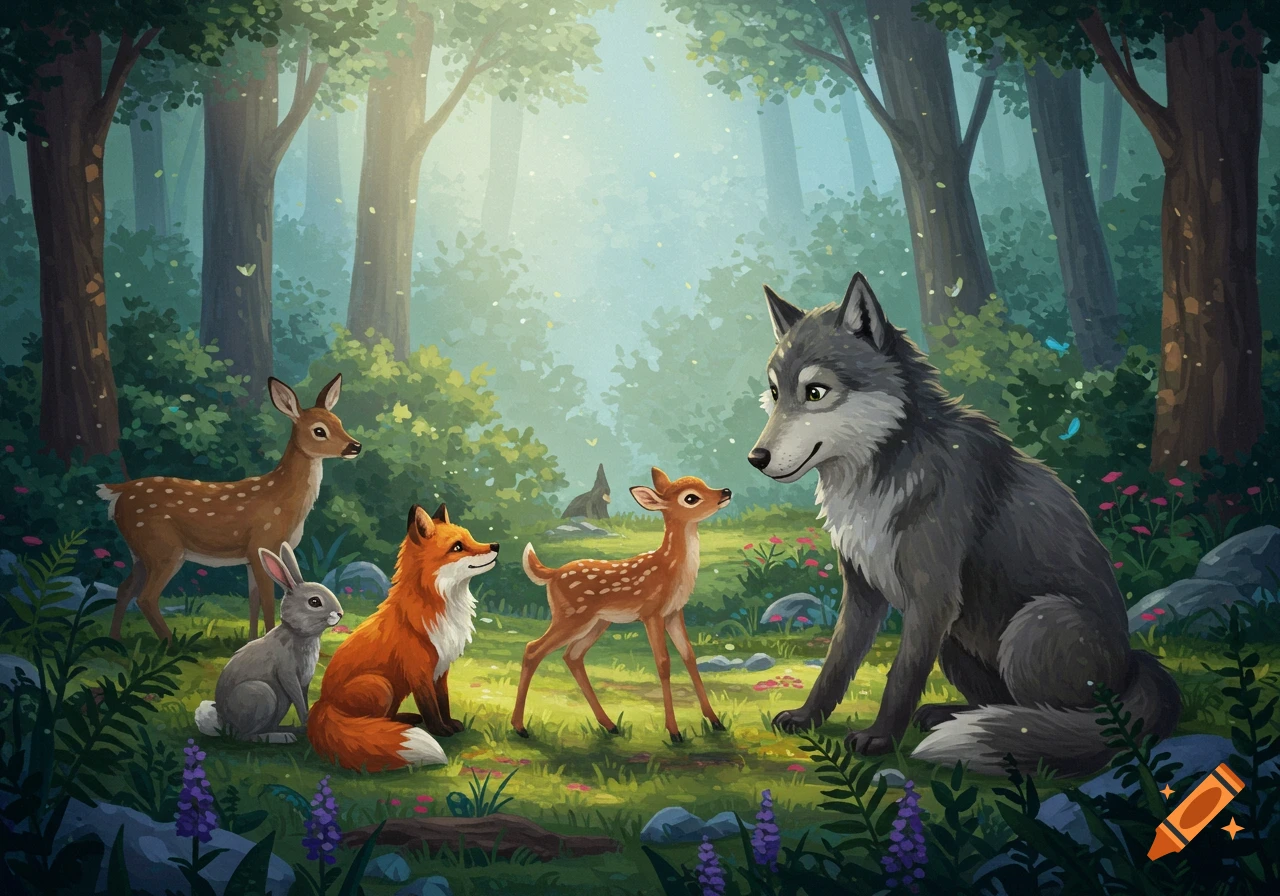 A wolf, deer, fawn, and rabbit gather in a bright, sunny forest ...