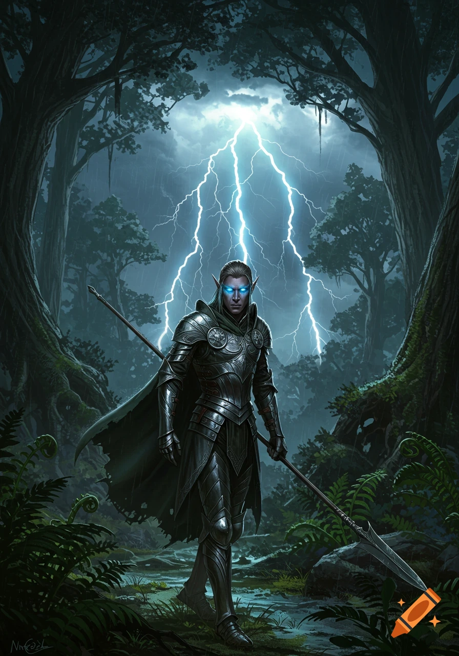 An armored elf with glowing eyes stands in a dark forest during a ...