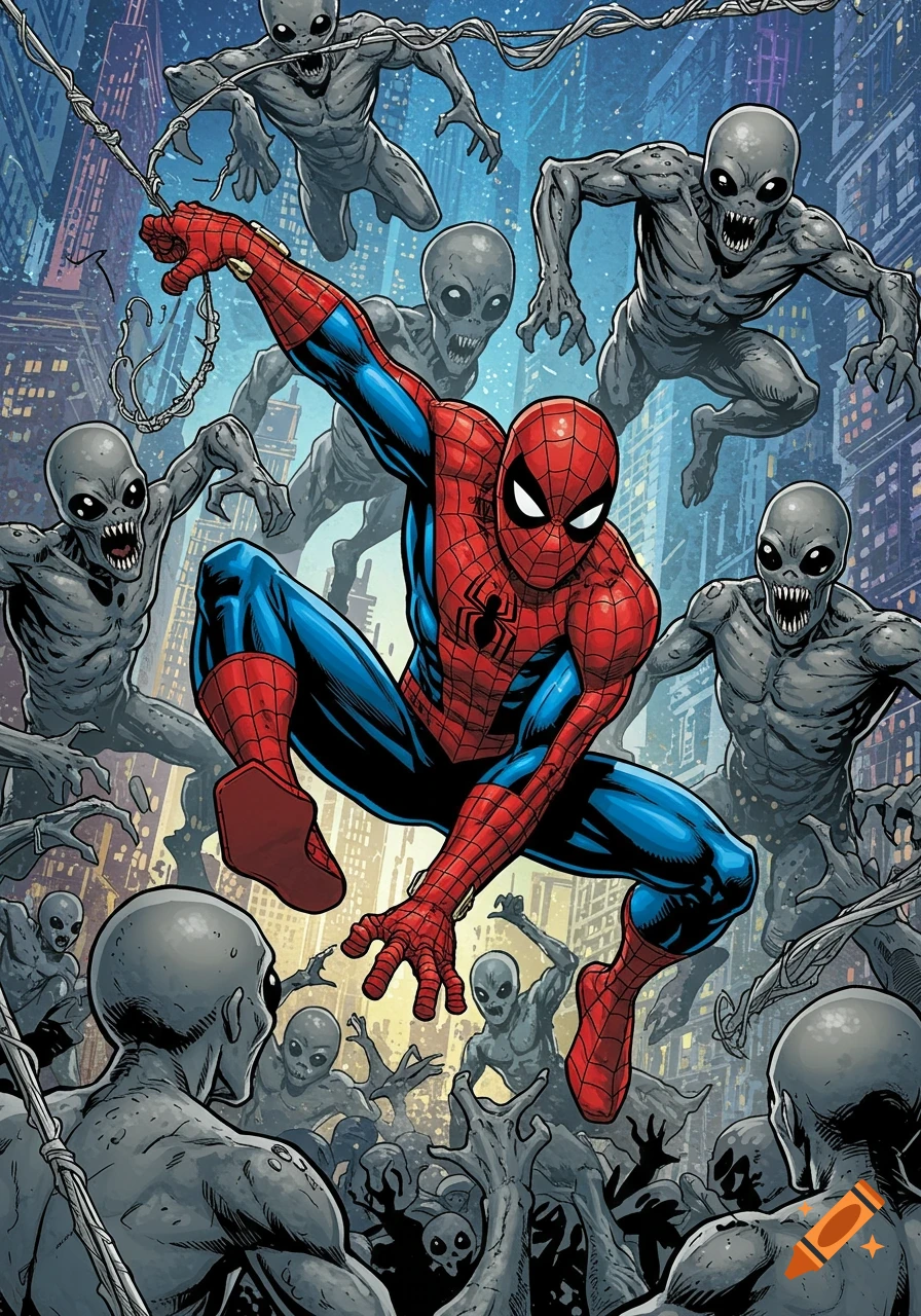 Spider-Man battles grey aliens in a city in a comic art style. on Craiyon
