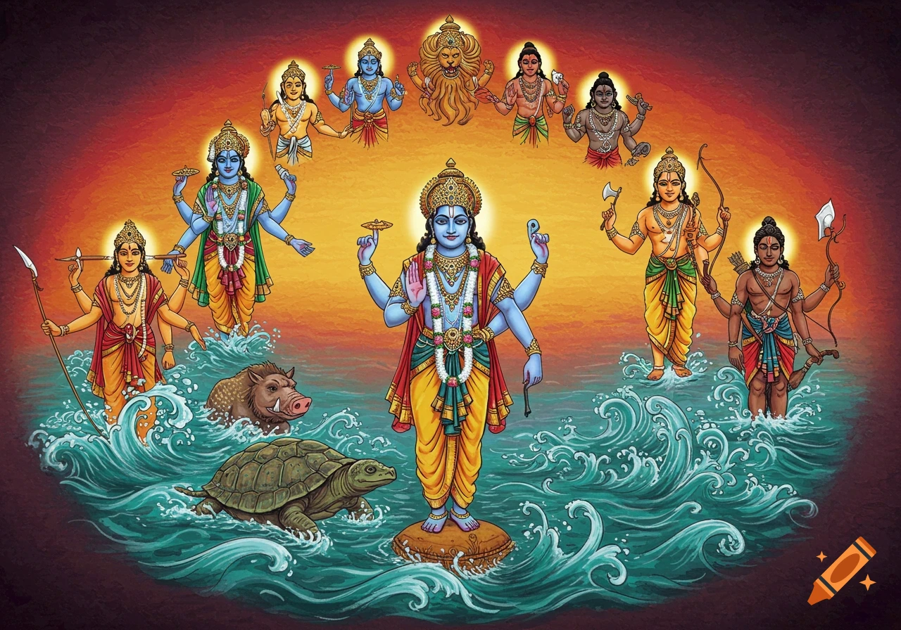 Illustration of the ten avatars of Vishnu standing in water against a ...