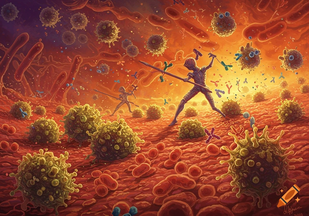 Stylized view of figures in armor fighting viruses within a biological ...