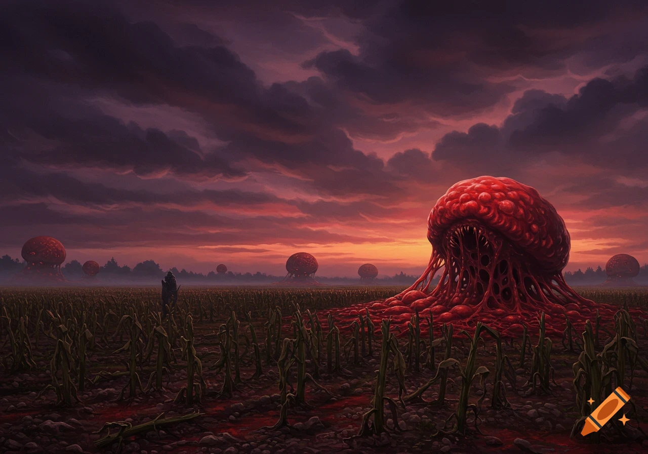 Giant red alien fungus monsters infest a field of dead crops under a ...