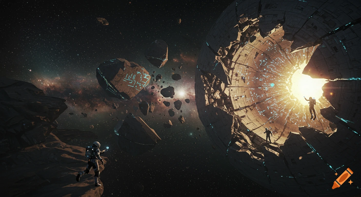 Photorealistic sci-fi image of astronauts exploring a partially collapsed Dyson sphere in deep ...