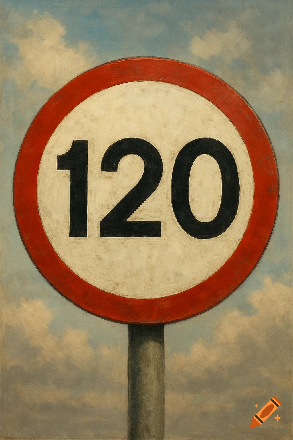 Speed limit sign with the number 120 against a cloudy sky in an ...