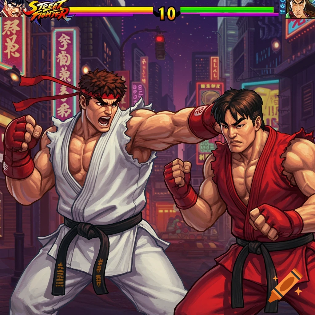 Two fighting game characters like Ryu and Ken battle in a city street ...