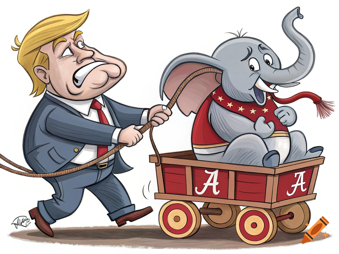 Cartoon of Donald Trump pulling a wagon carrying the Alabama elephant ...