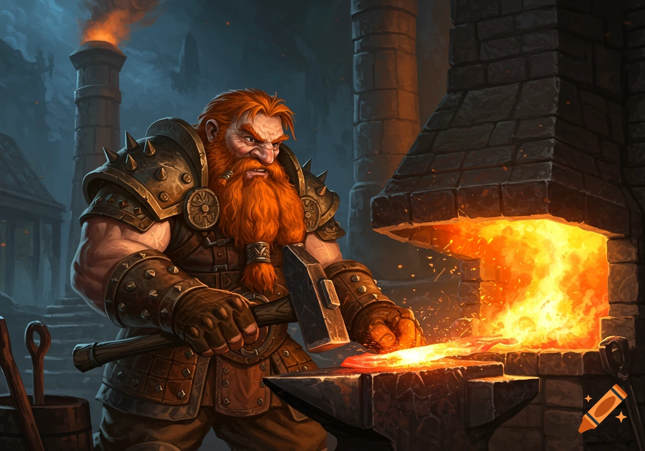 Ginger-haired dwarf blacksmith hammers glowing metal on an anvil in a ...