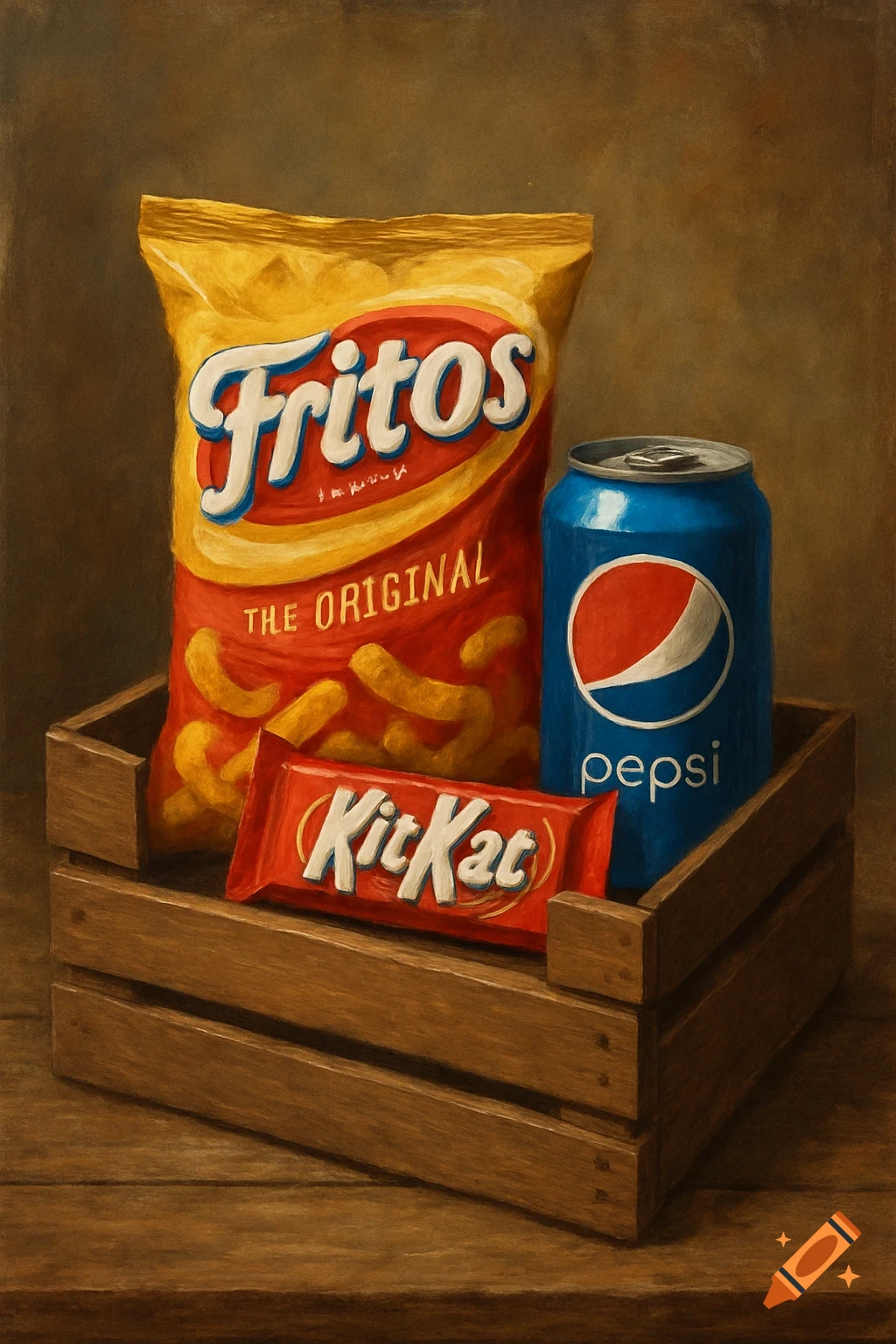 Still life painting of a bag of Fritos, a Pepsi can, and a Kit Kat bar ...