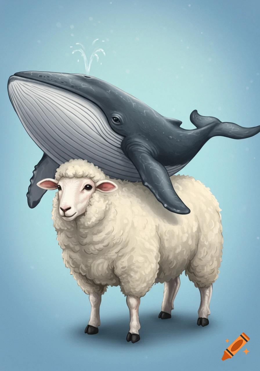 Illustration of a blue whale balancing on the back of a white sheep. on ...