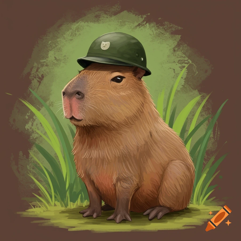 A capybara sits wearing a green military helmet in front of green grass ...