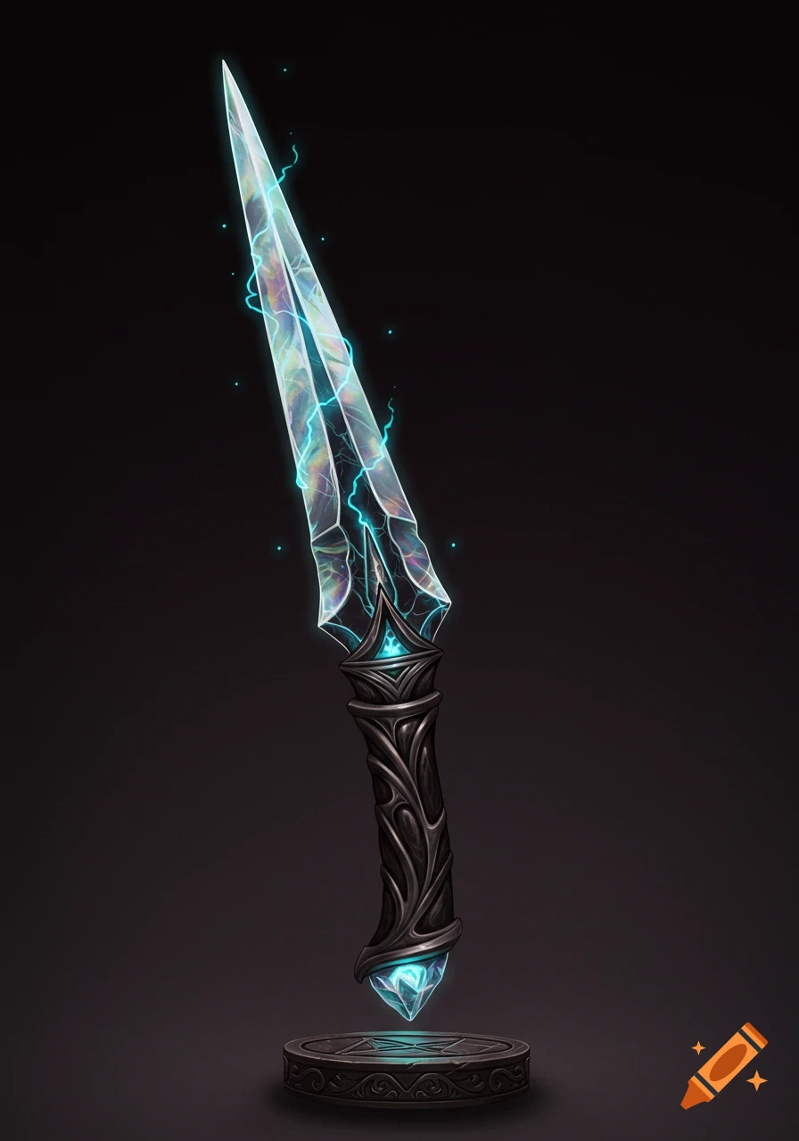 Fantasy dagger with glowing crystal blade and electric effects, standing on a base. on Craiyon