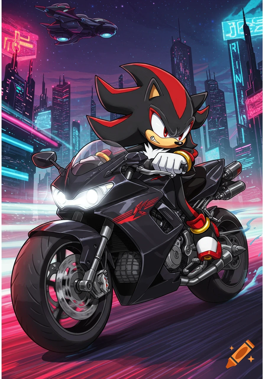 Shadow the Hedgehog rides a motorcycle in a futuristic cityscape with ...