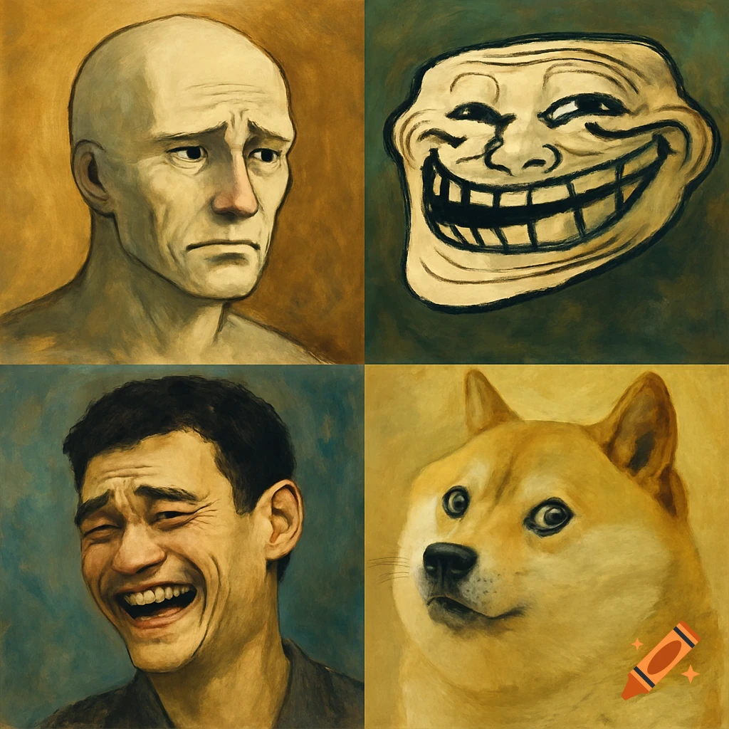 Four painted panels: a sad bald man, the Trollface meme, a laughing man ...