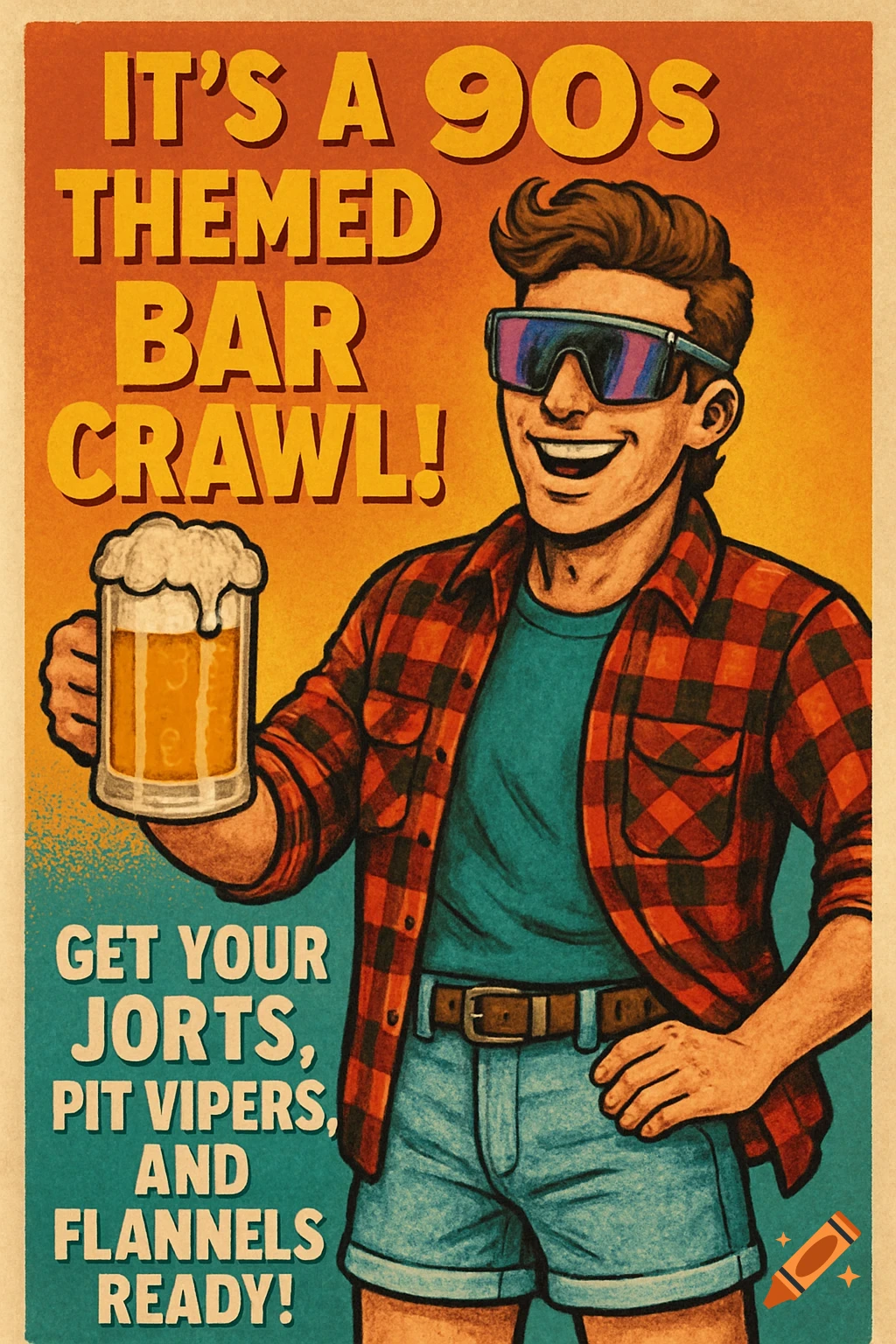 Retro poster of a man in 90s flannel and jorts holding a beer ...
