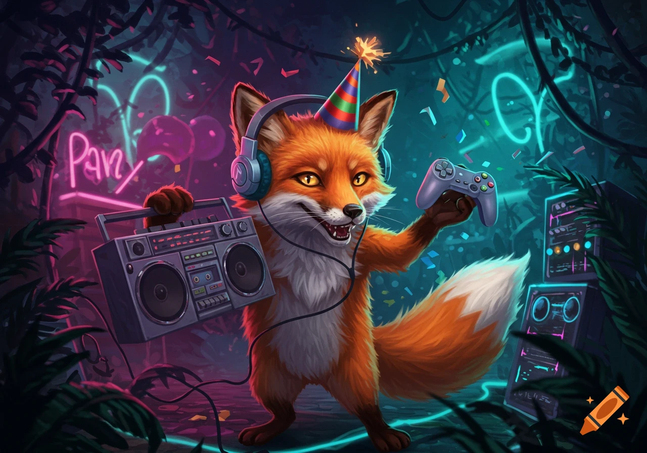 A cartoon fox in a party hat and headphones holds a boombox and gaming ...