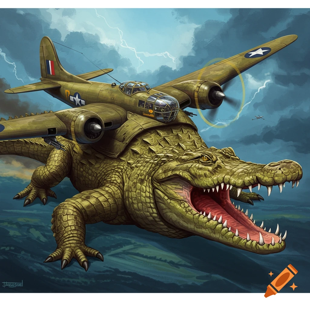 Illustration of a bomber plane mounted on a giant flying crocodile in a ...