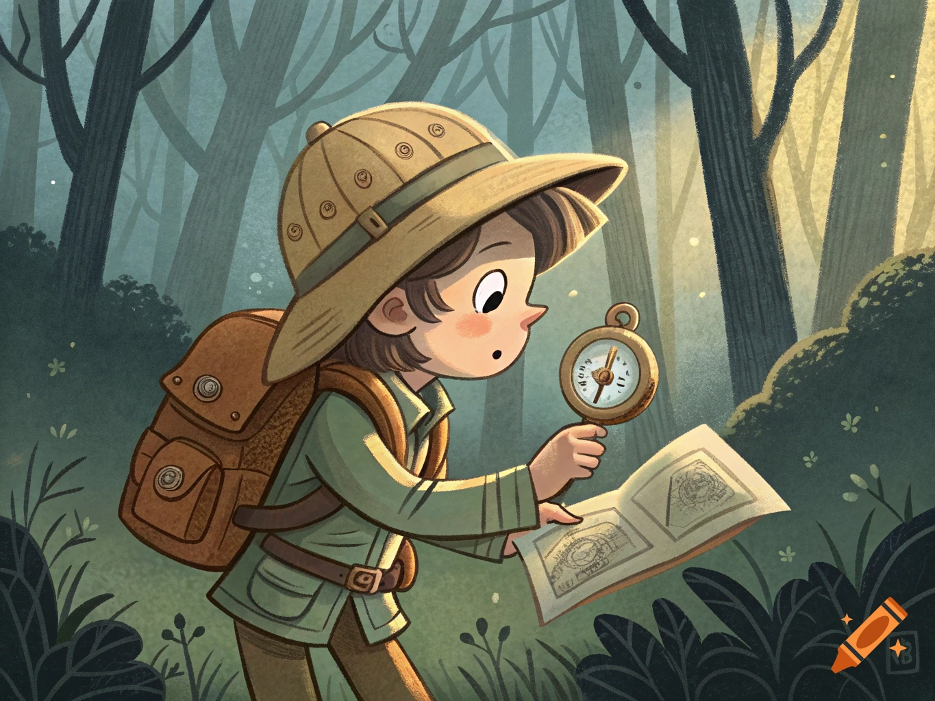 Child explorer with hat and backpack looking at compass and map in ...