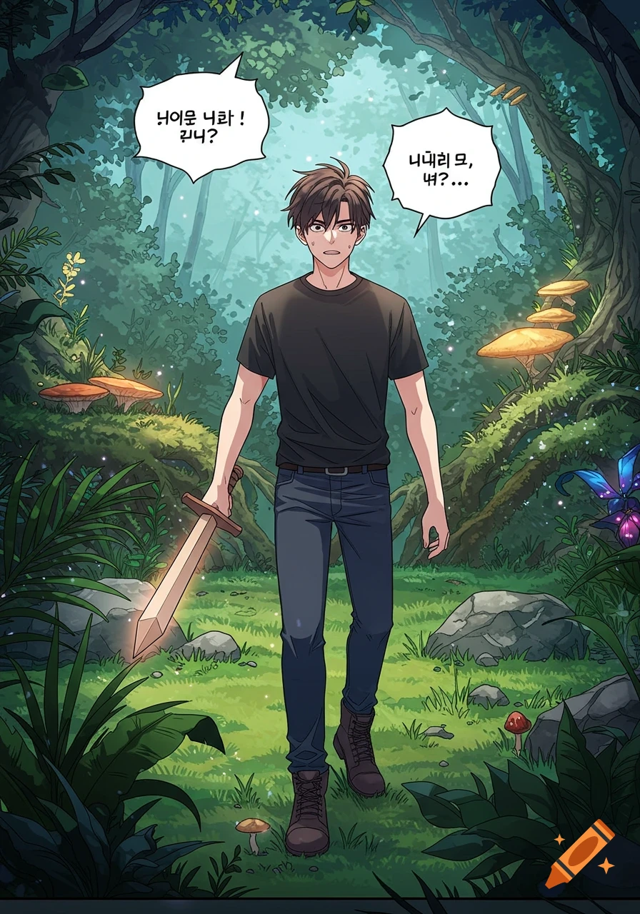 Manhwa illustration of a young man with a sword standing in a magical ...