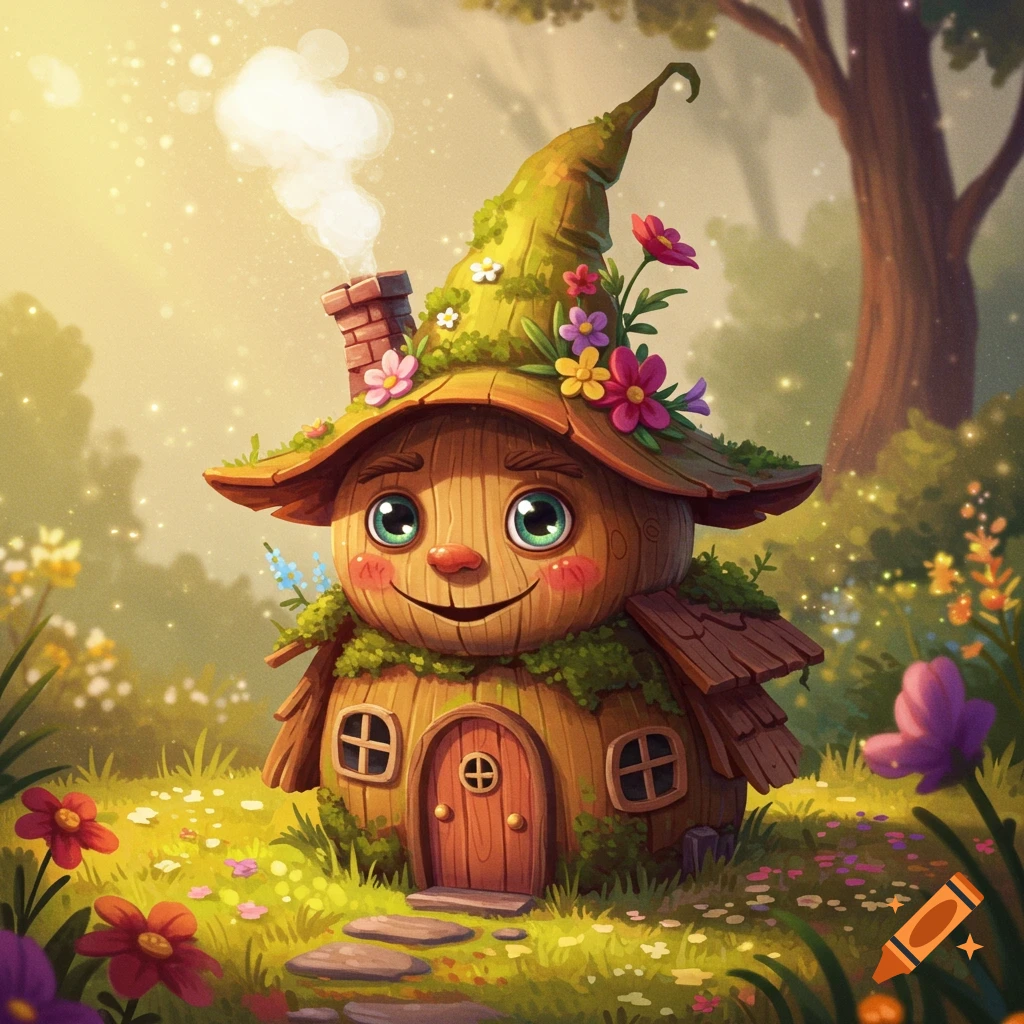 Whimsical illustration of a smiling house creature with a pointy roof ...