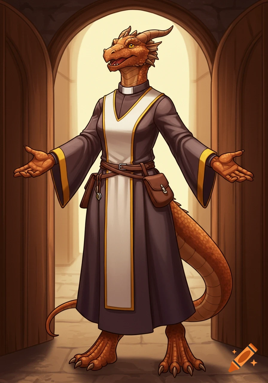 Illustration of a bronze dragon person cleric in robes standing in a ...