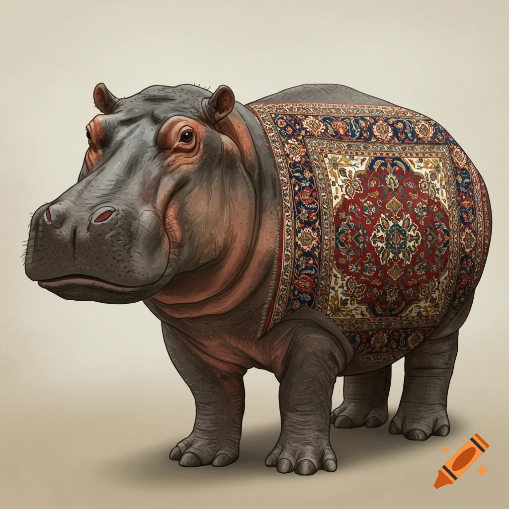 An illustrated hippo is covered by a detailed patterned rug. on Craiyon