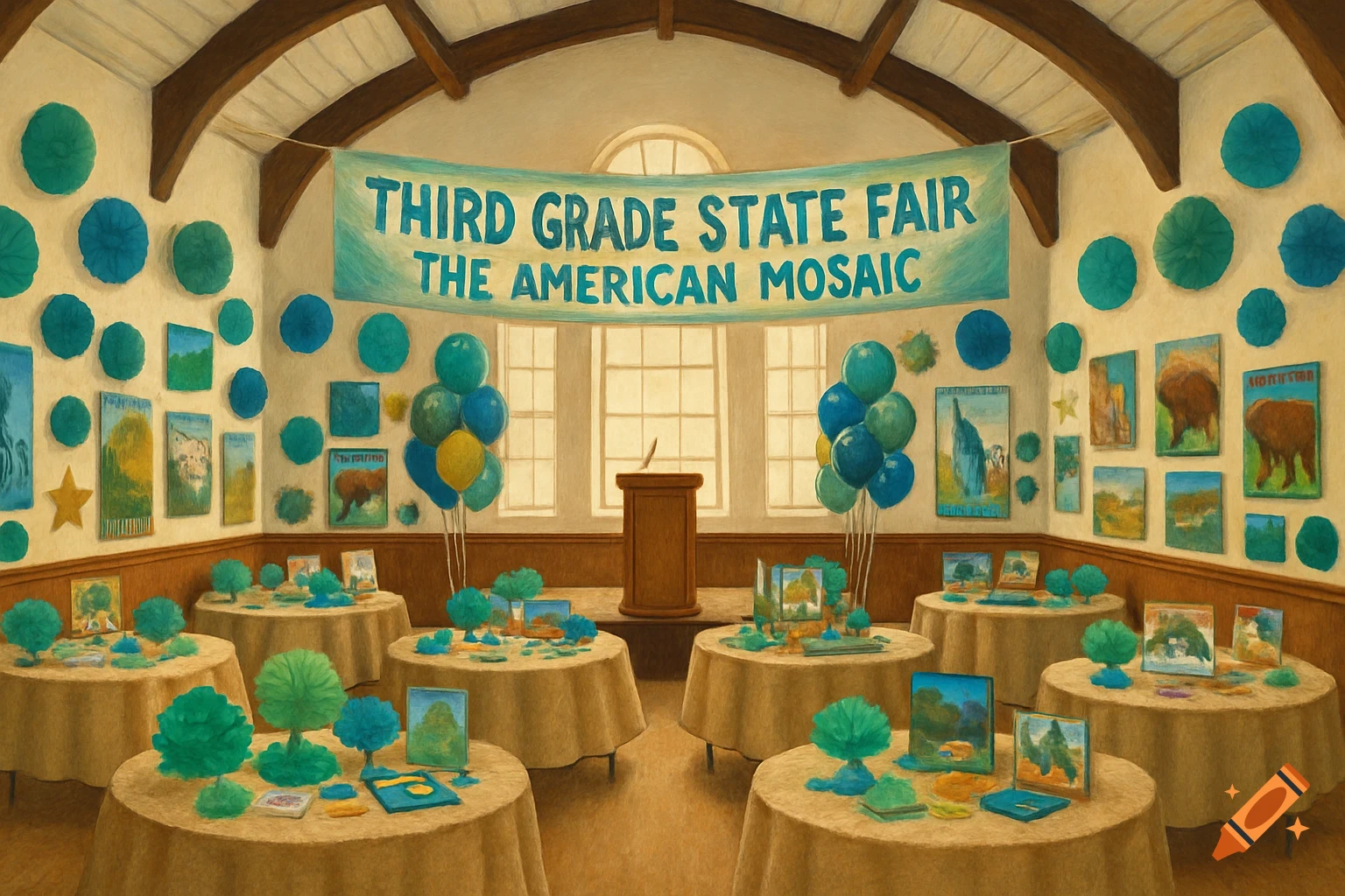 Painted scene of a third grade state fair with tables of projects ...