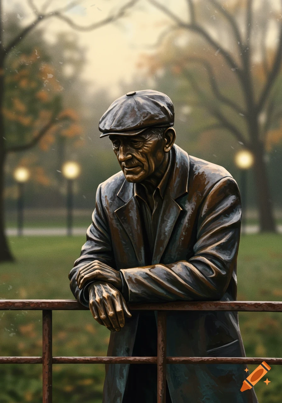 Bronze statue of an old man in a flat cap leaning on a rail in a misty ...