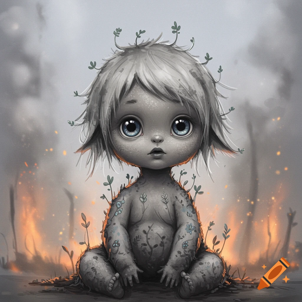 A stylized grey ash-like baby creature with green sprouts grows on its ...