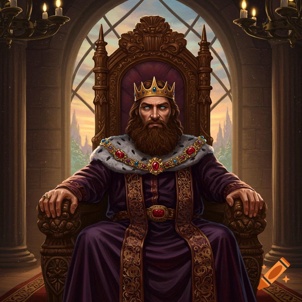 Illustration of a bearded king sitting on a throne in a grand hall. on Craiyon