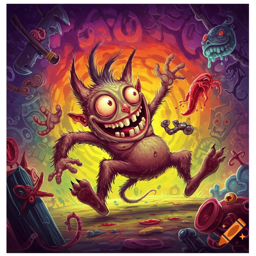 Cartoonish goblin creature with big eyes and teeth jumping in a chaotic ...