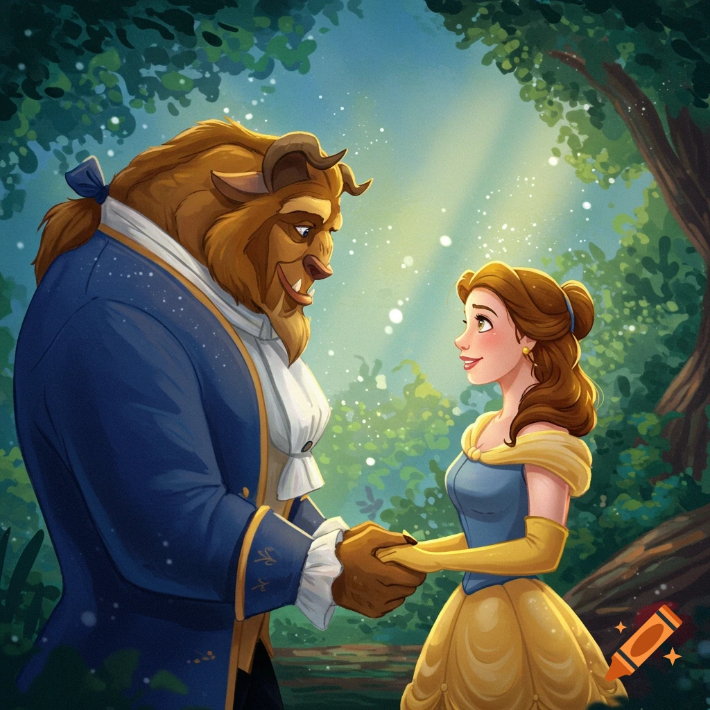 Belle and the Beast holding hands in a forest clearing, animated style ...