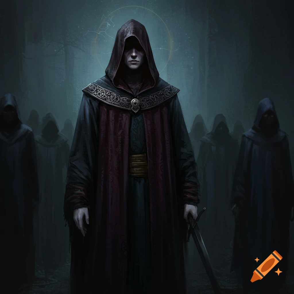 A hooded figure with a sword stands in front of a group of other hooded figures in a dark ...